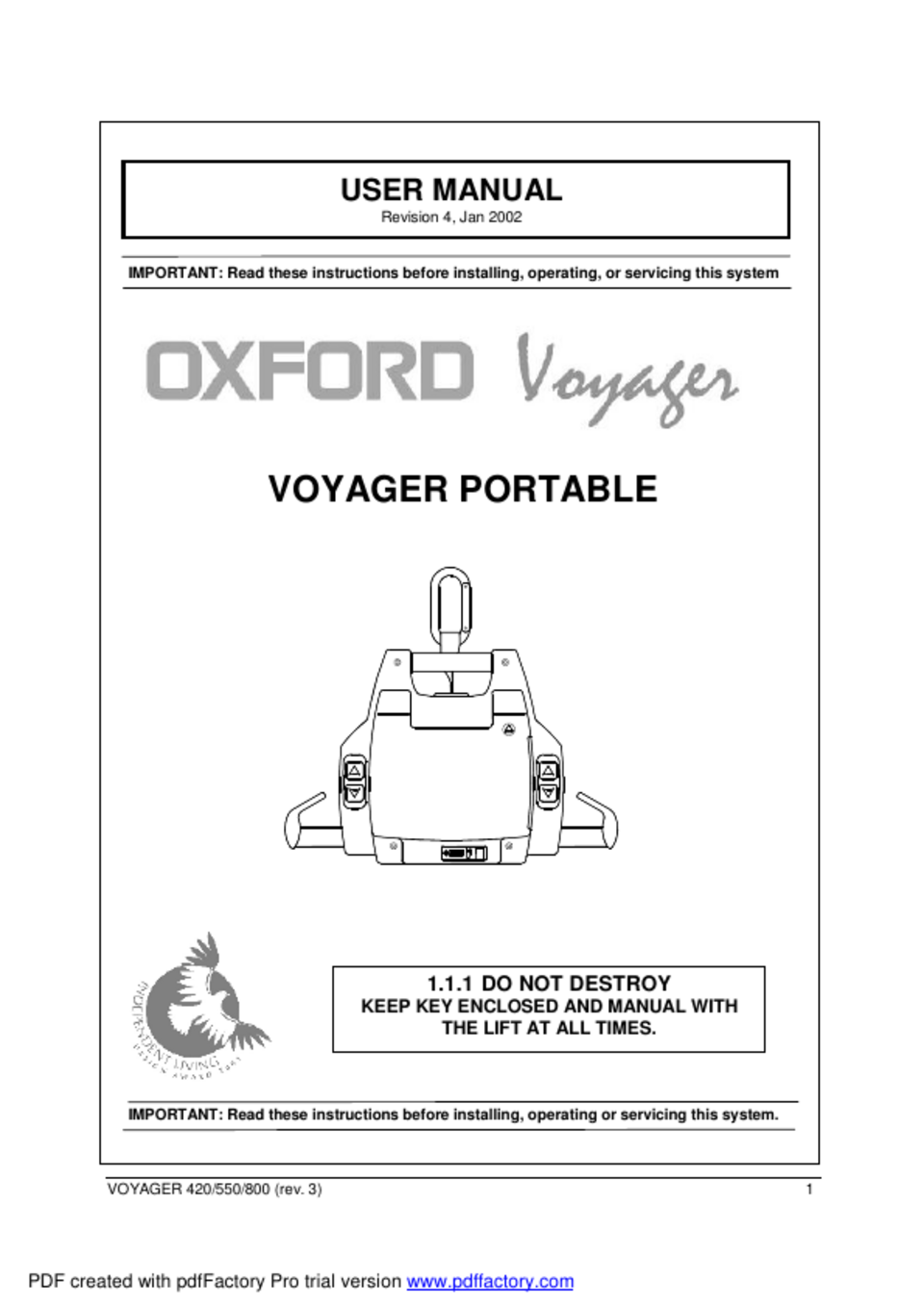 Voyager Portable Hoist User Manual PDF download