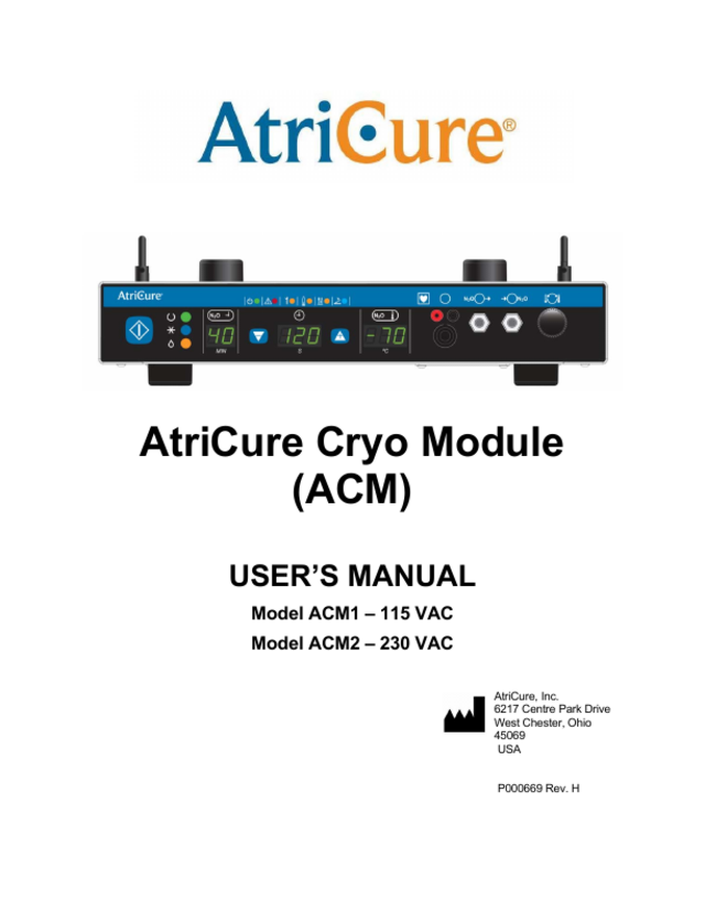 AtriCure Cryo Module (ACM) Module Users Manual Rev H PDF download