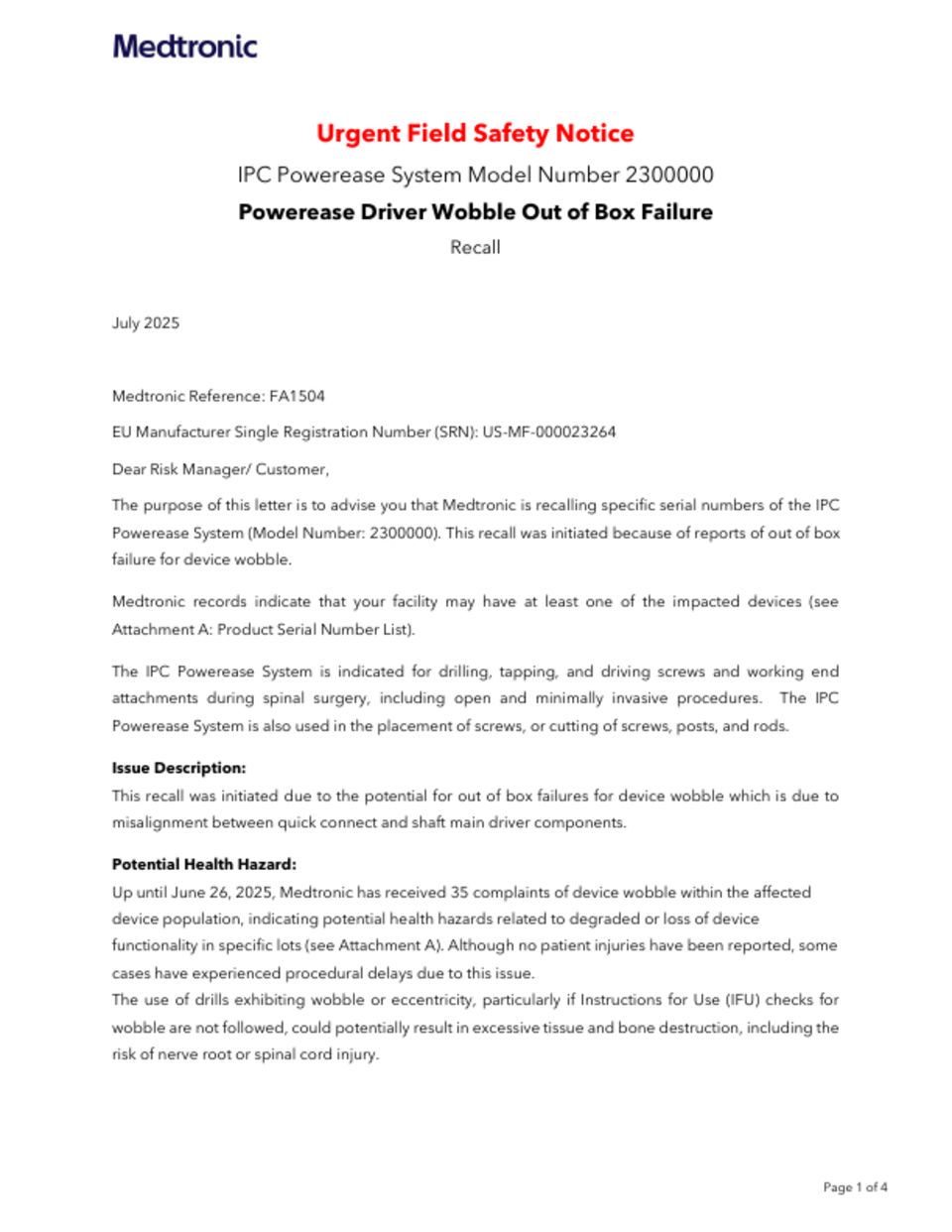 RECALL: IPC Powerease System Model Number 2300000 Urgent Field Safety ...