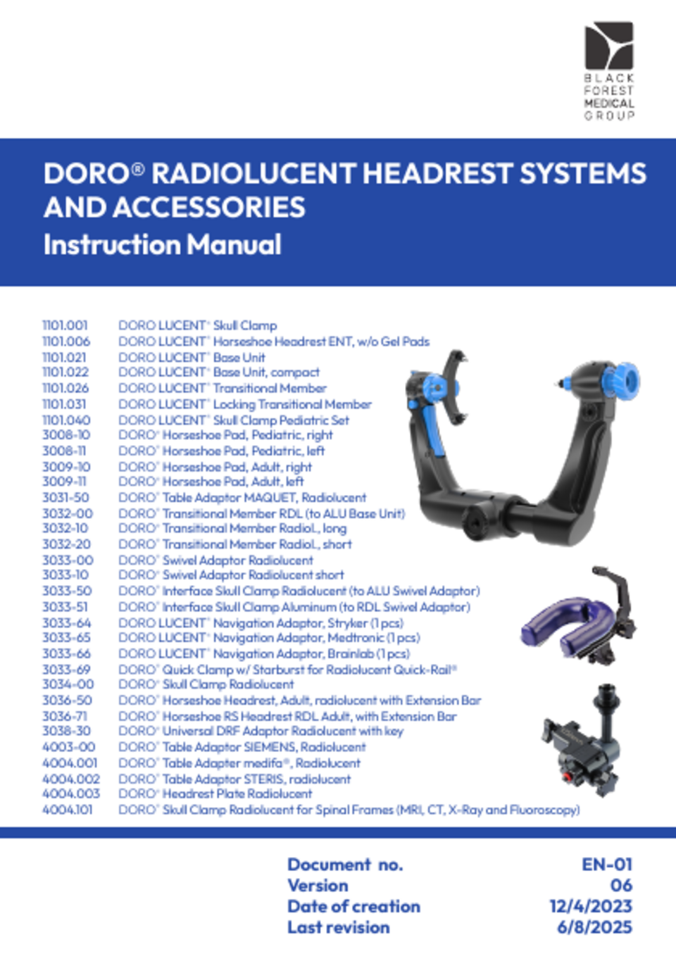 DORO Radiolucent Headrest Systems and Accessories Instruction Manual ...
