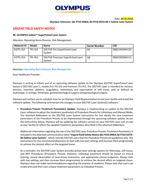 RECALL: Soltive SuperPulsed Laser System Urgent Field Safety Notice PDF ...