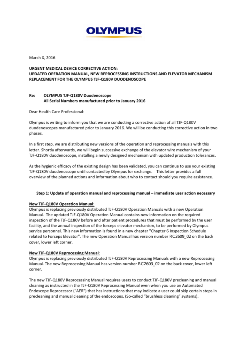 ALERT: TJF.Q180V DUODENOVIDEOSCOPE Field Safety Corrective Action Jan ...