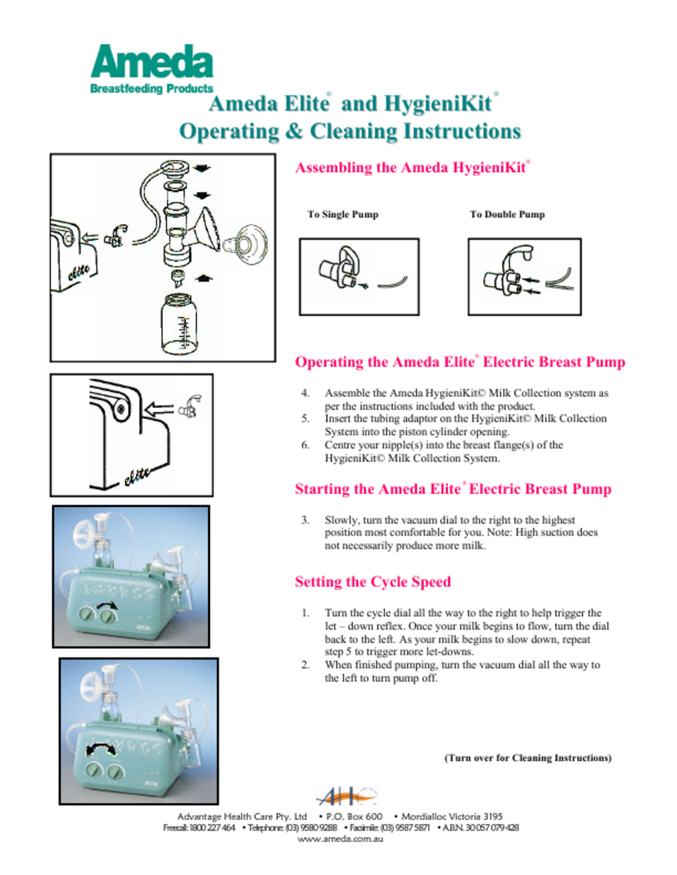 Ameda Elite Operating and Cleaning Instructions PDF download