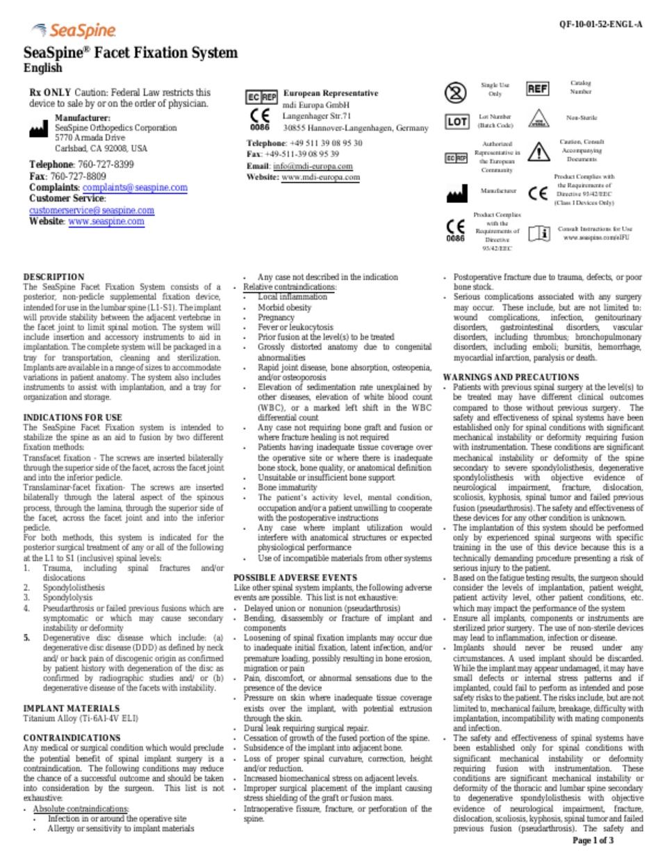 Facet Fixation System Instruction for Use PDF download