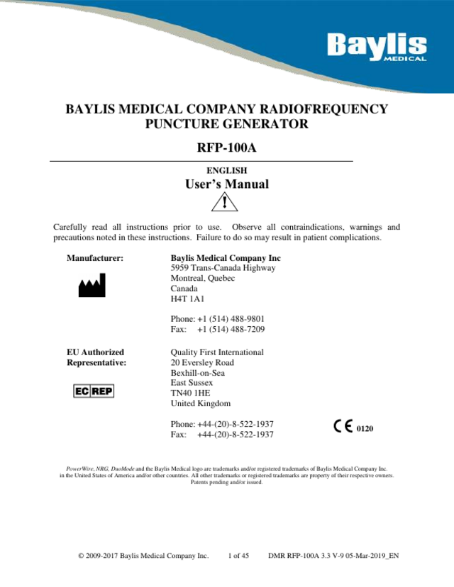 BMC RADIOFREQUENCY PUNCTURE GENERATOR RFP-100A User Manual V-9 March ...