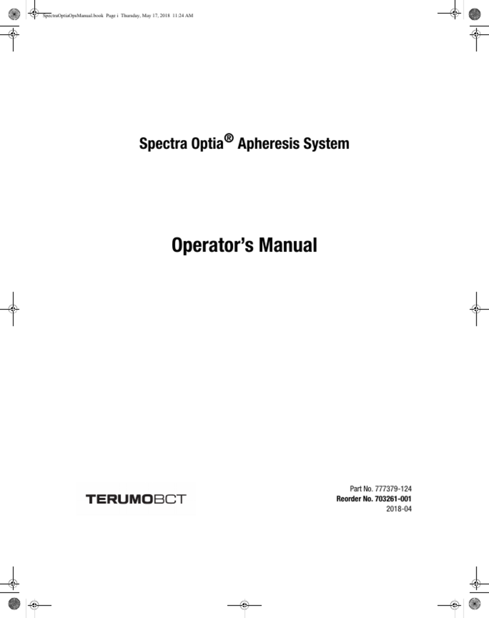 TERUMOBCT Spectra Optia Apheresis System Operators Manual PDF download
