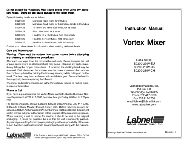 Vortex Mixer S0200 series User Manual Rev 1 PDF download