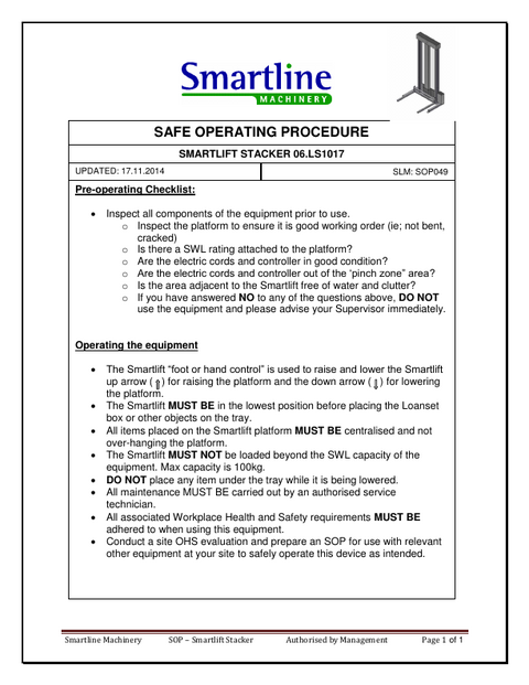 SMARTLIFT STACKER 06.JS1017 Safe Operating Procedure Nov 2014 PDF download