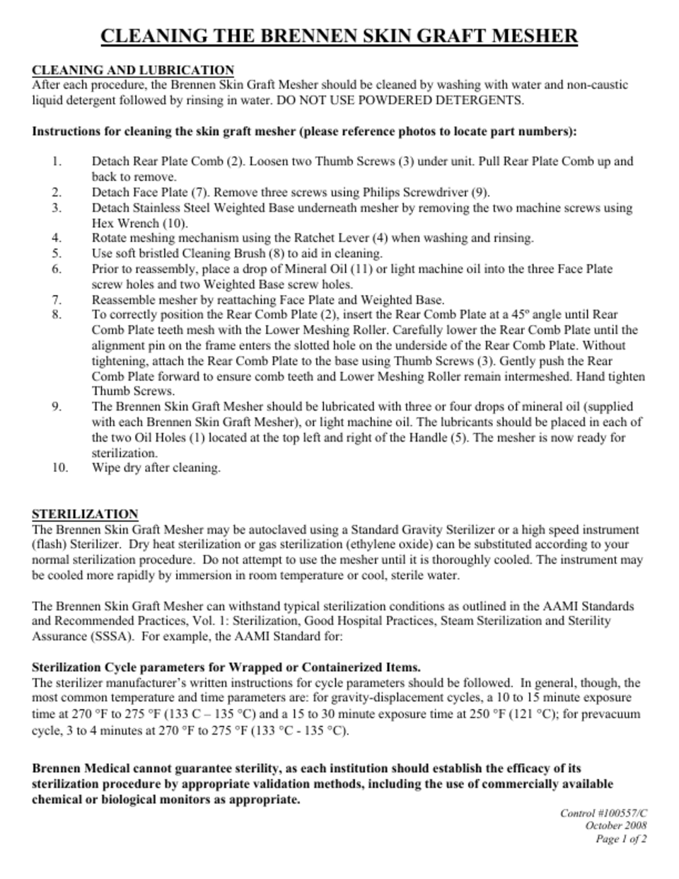 Brennen Skin Graft Mesher Cleaning Instructions PDF download
