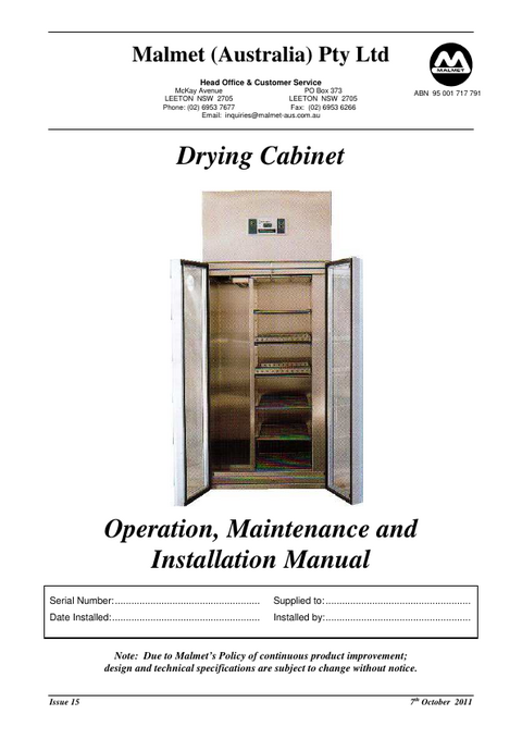 Drying Cabinet Operation and Maintenance Manual Issue 15 Oct 2011 PDF ...