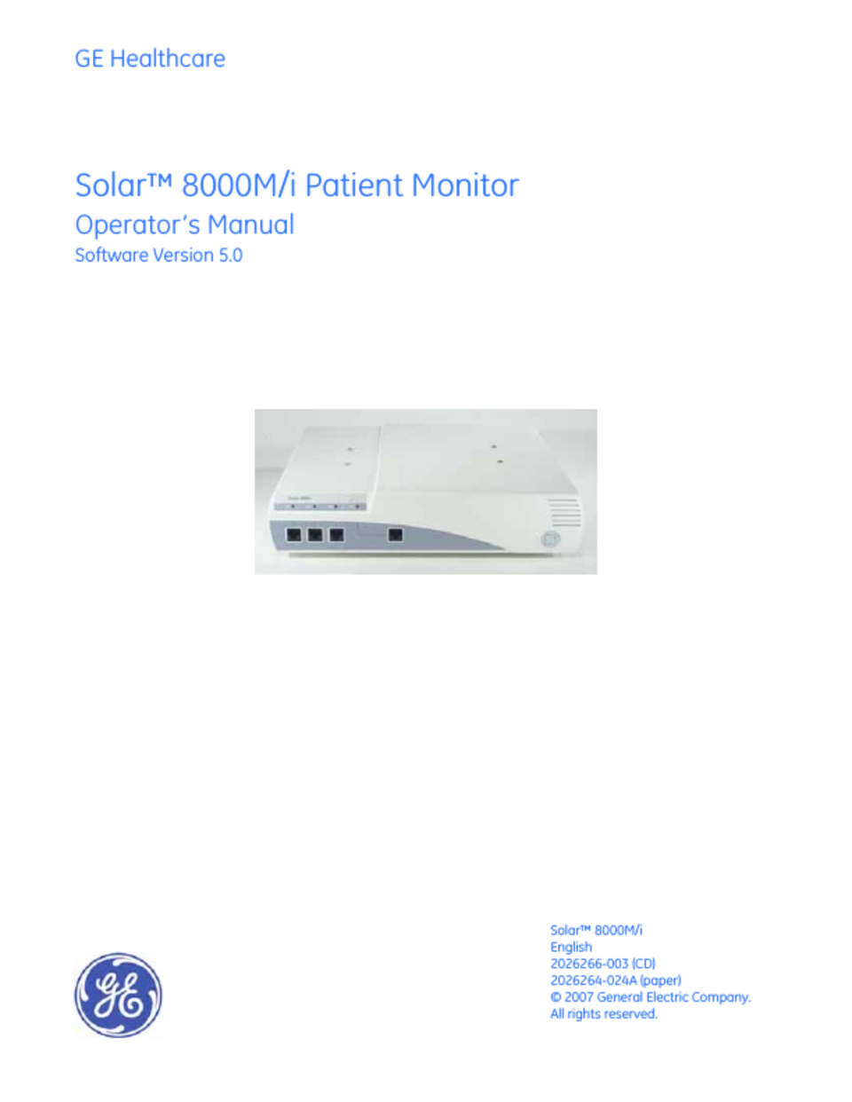 Solar 8000M and i Patient Monitor Operators Manual Version 5.0 PDF download