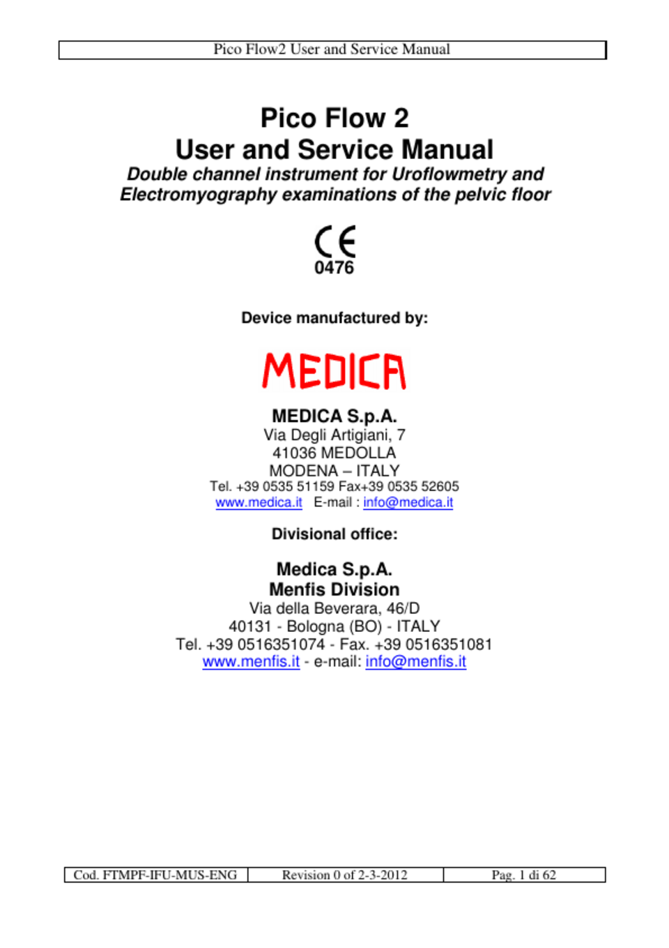 Pico Flow 2 User and Service Manual Rev 0 March 2012 PDF download