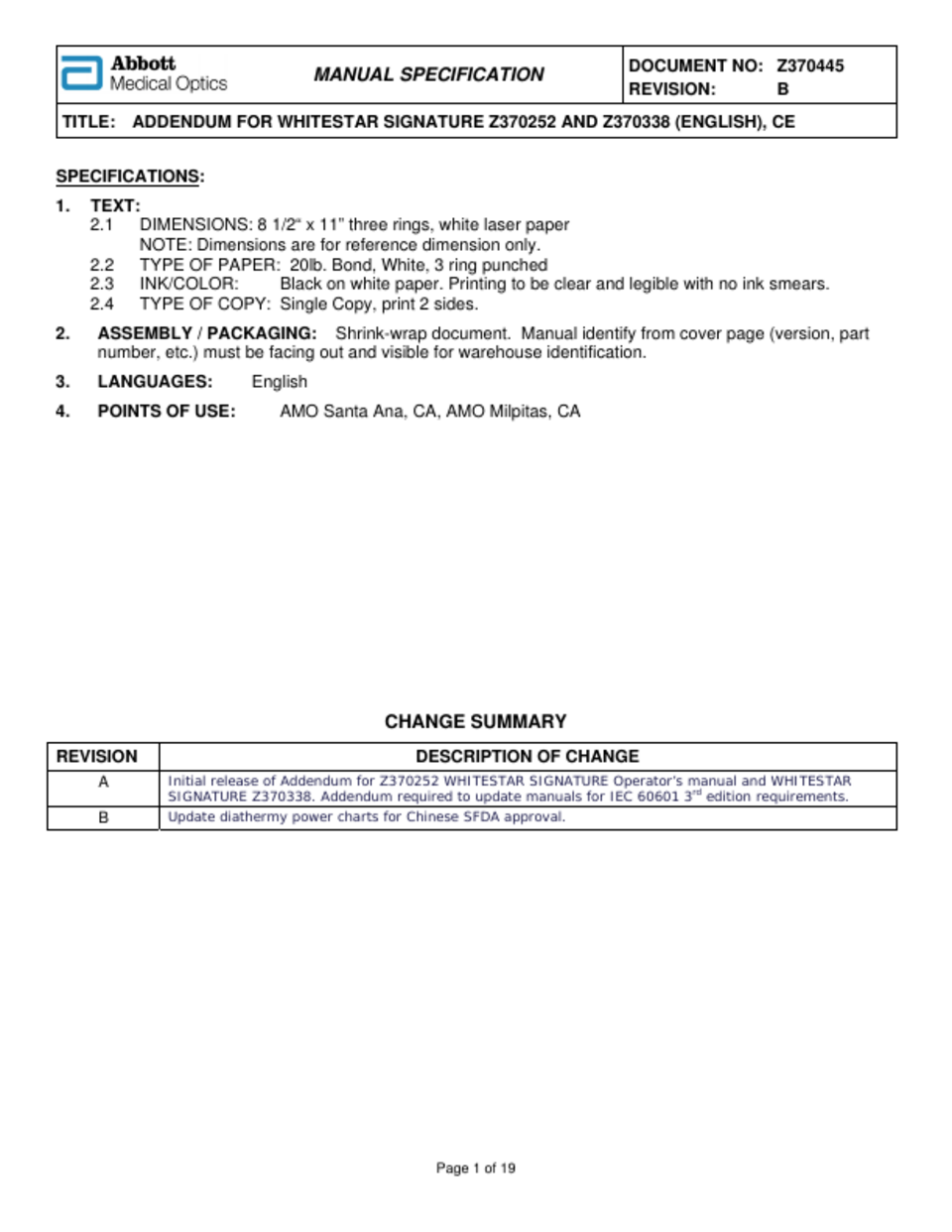 Addendum for Abbott Medical Optics SOVEREIGN Signature Operators Manual ...