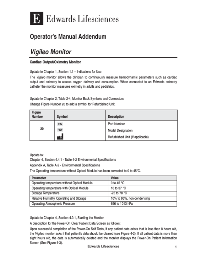 Vigileo Monitor Operator’s Manual Addendum May 2007 PDF download