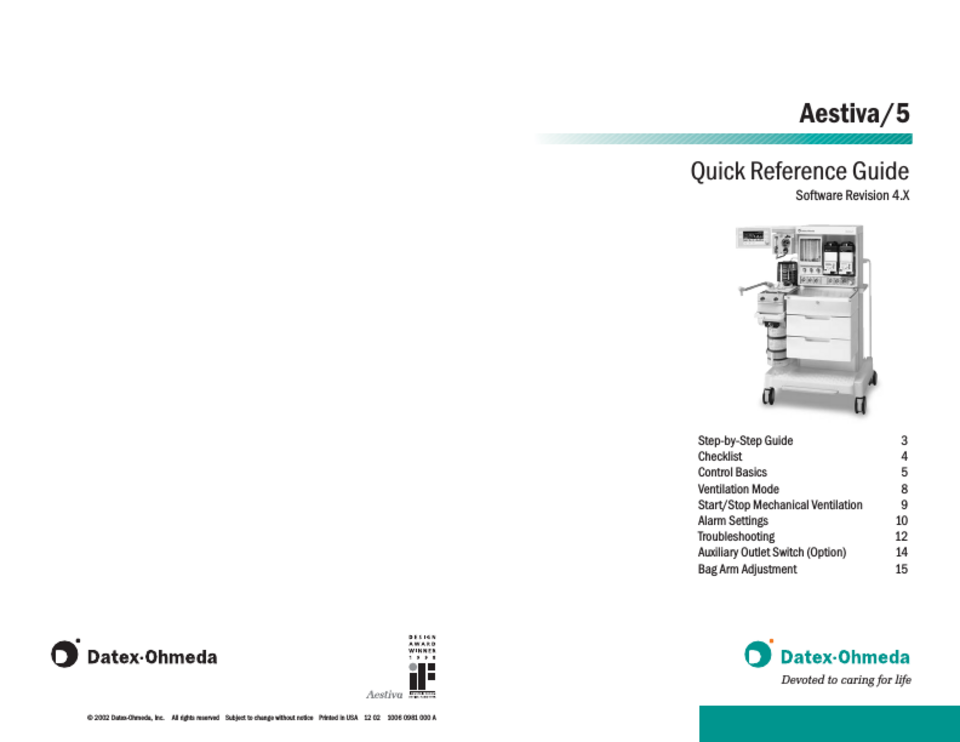 Aestiva 5 Quick Reference Guide sw rev 4.X Dec 2002 PDF download