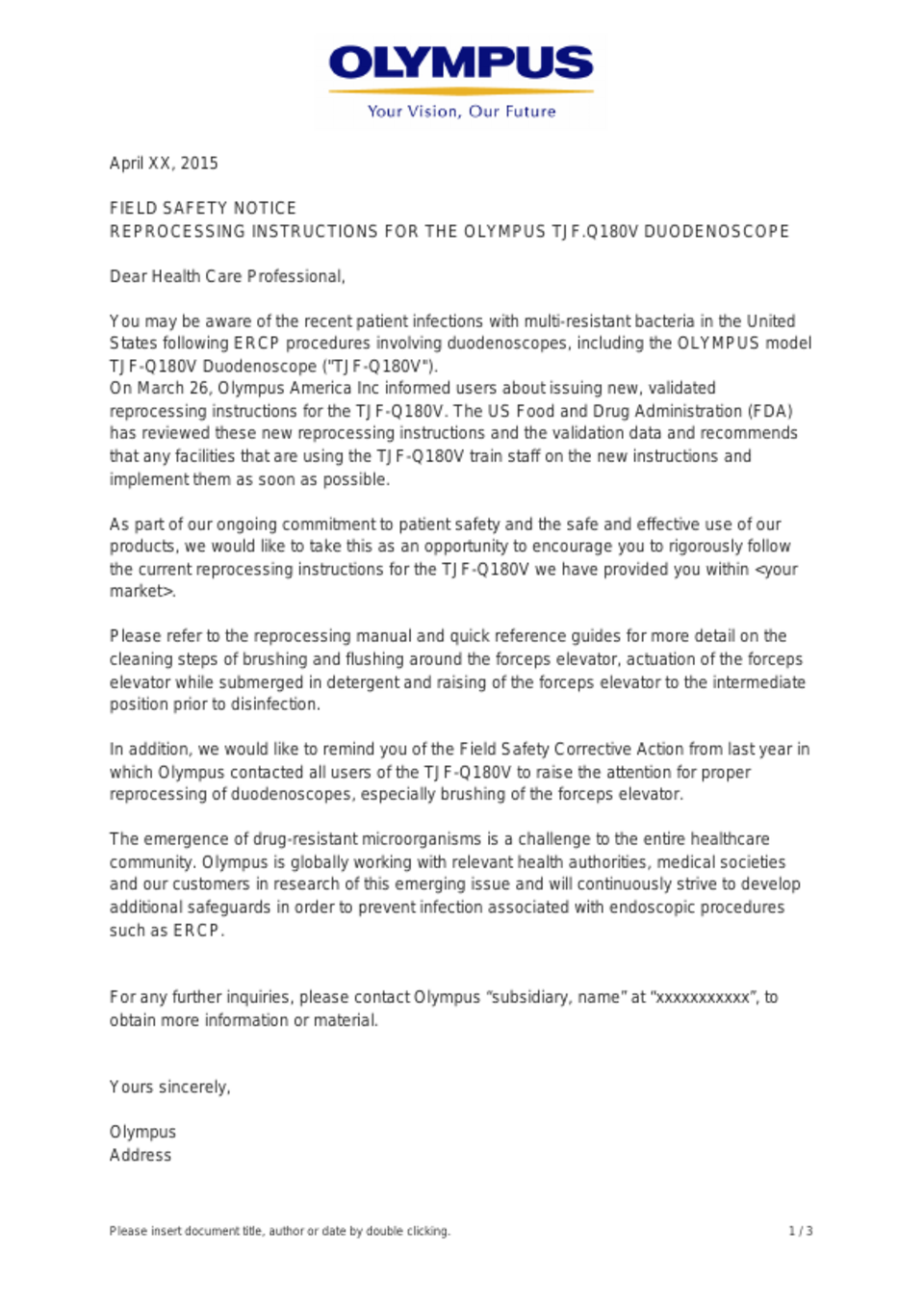 ALERT: TJF.Q180V DUODENOVIDEOSCOPE Field Safety Corrective Action April ...