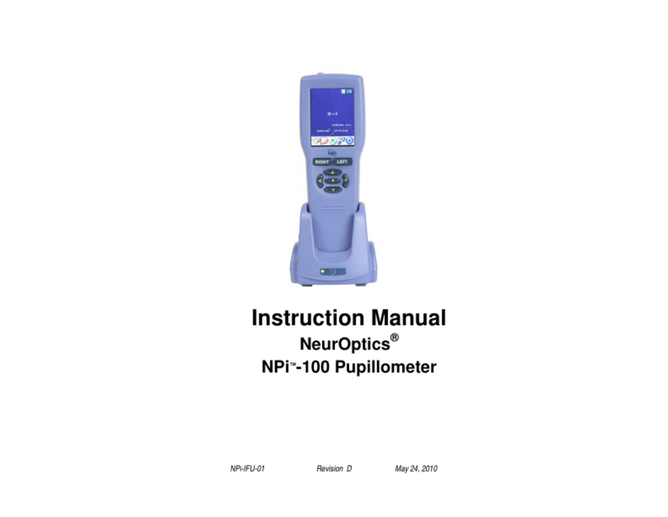 NPi - 100 Pupillometer Instruction Manual Rev D May 2010 PDF download