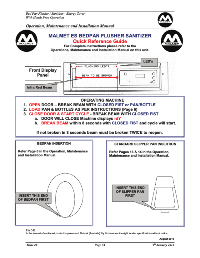 ES BEDPAN FLUSHER SANITIZER Quick Reference Guide Issue 20 Jan 2012 PDF ...