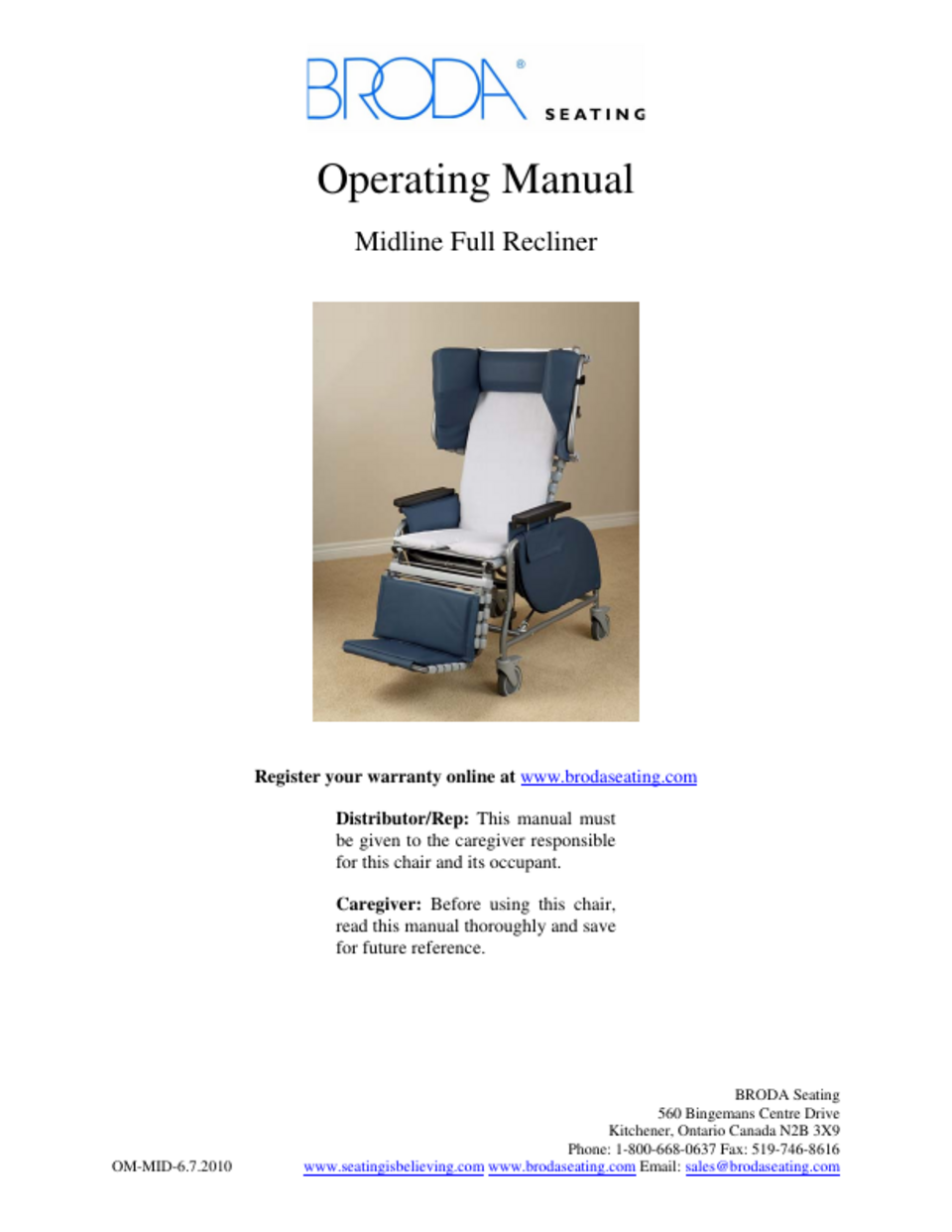 Midline Full Recliner Operating Instructions July 2007 PDF download