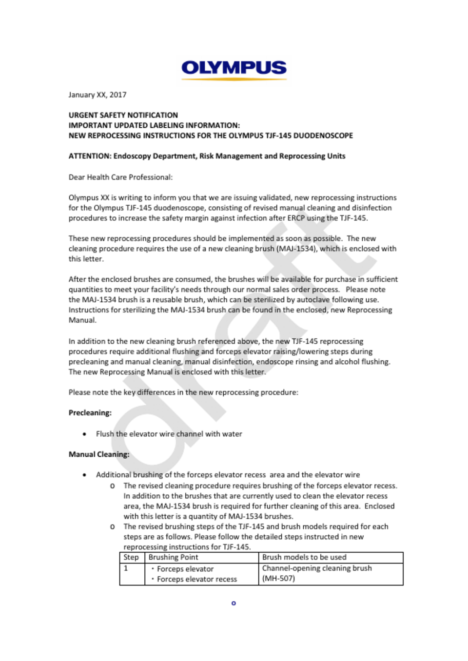 RECALL: TJF-145 DUODENOSCOPE Urgent Safety Notification Jan 2017 PDF ...