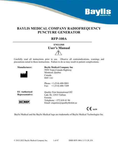 BMC RADIOFREQUENCY PUNCTURE GENERATOR RFP-100A User Manual V-20 2022 ...