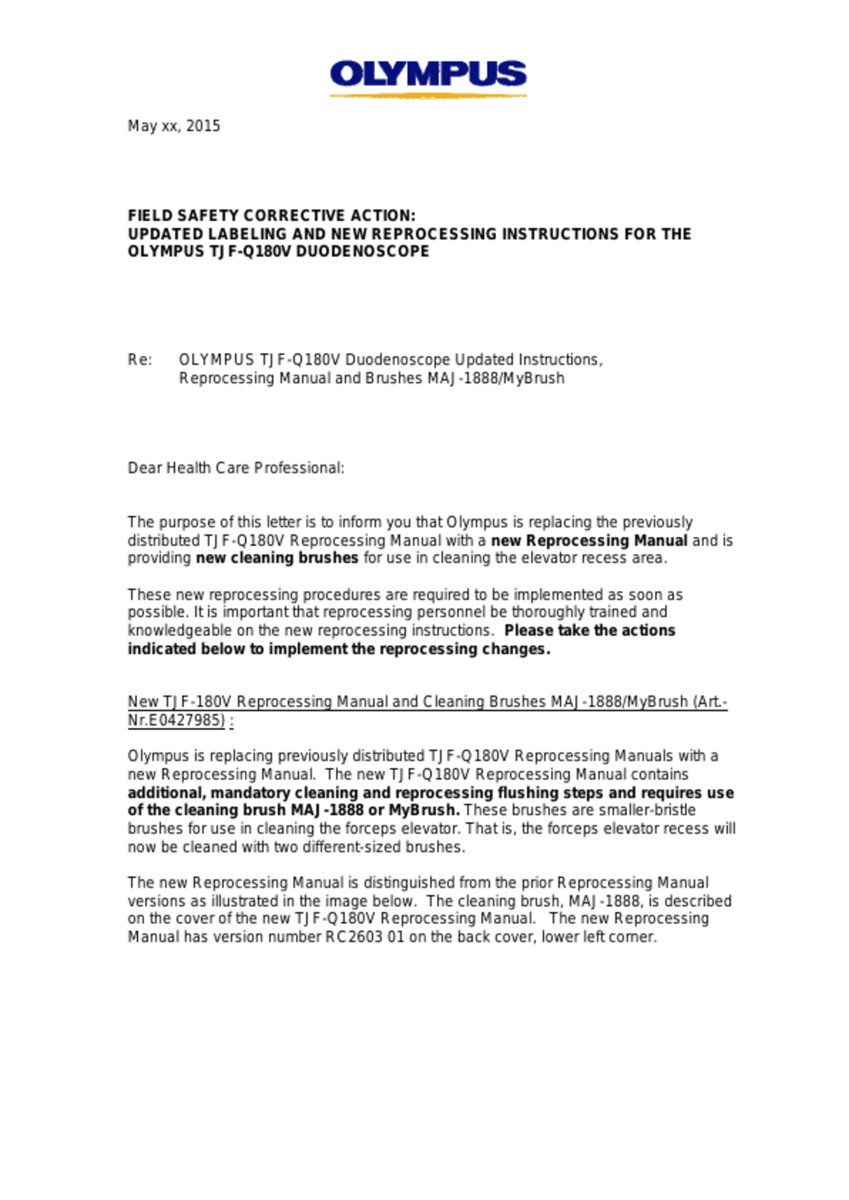 ALERT: TJF.Q180V DUODENOVIDEOSCOPE Field Safety Corrective Action May ...