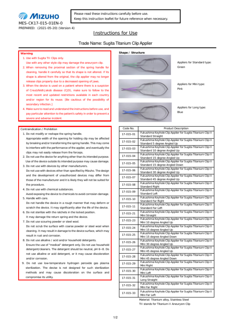 Sugita Titanium Clip Applier Instructions for Use PDF download