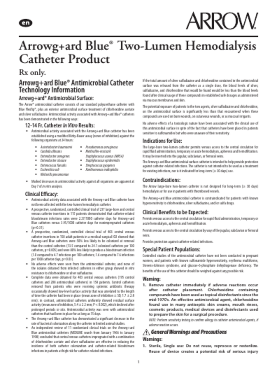 Arrowg+ard Blue® Two-Lumen Hemodialysis Catheter Product PDF download