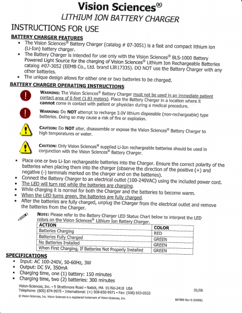 BLS-1000 Battery Charger Instructions for Use Rev D Jan 2006 PDF download