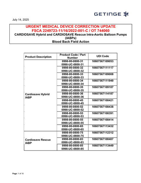 RECALL: CARDIOSAVE Hybrid and CARDIOSAVE Rescue Urgent Medical Device ...