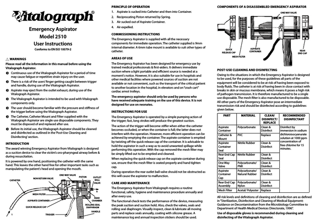 Model 2510 Emergency Aspirator User Instructions PDF download