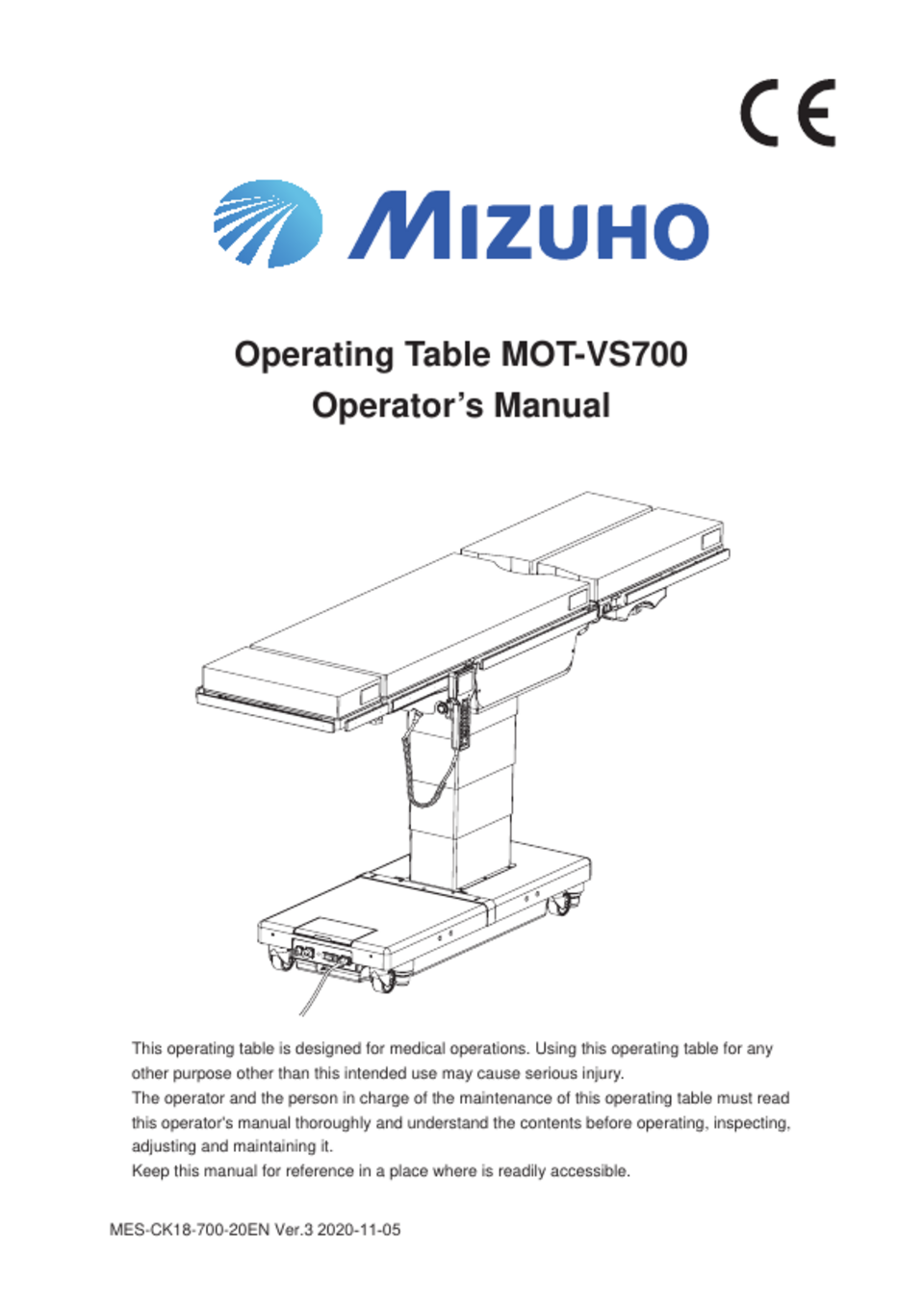 Operating Table Model MOT-VS700 Operators Manual Ver.3 November 2020 ...