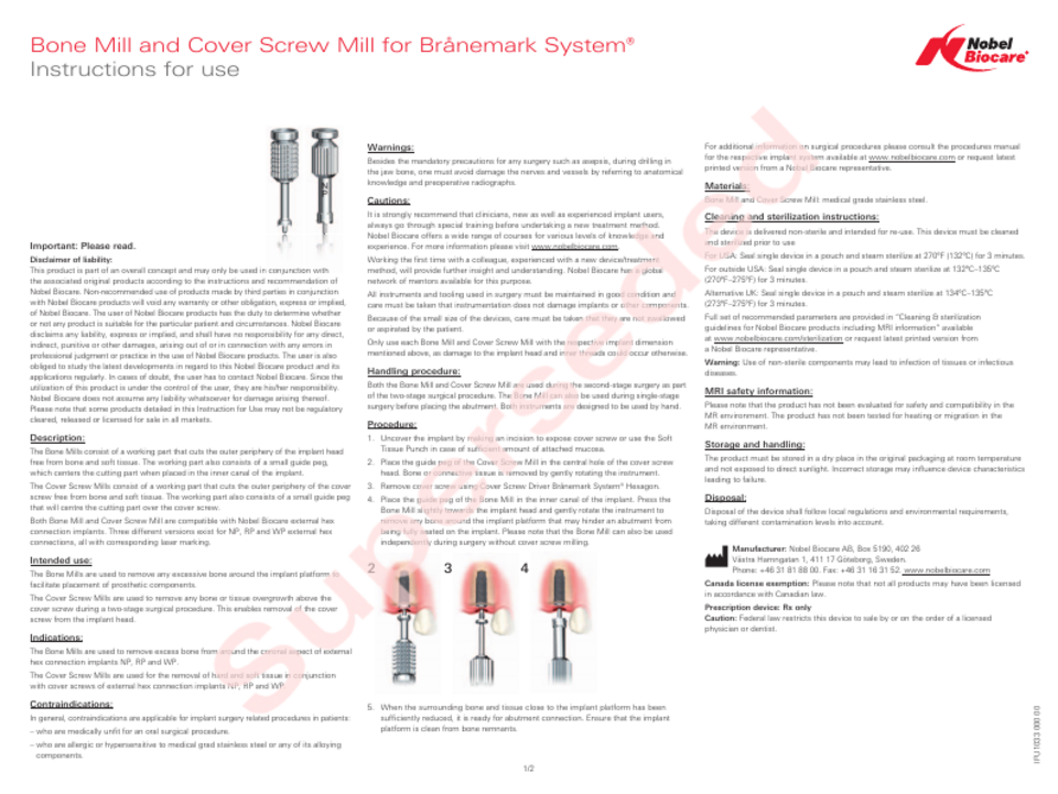 Bone Mill and Cover Screw Mill for Brånemark System Instructions for ...