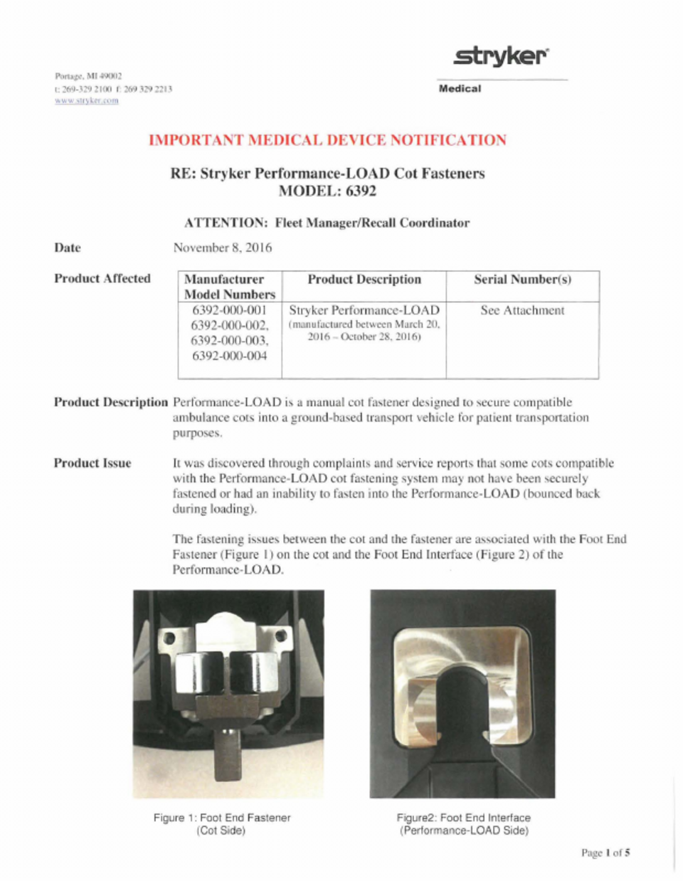 ALERT: Model 6392 LOAD Cot Fasteners Important Medical Device ...