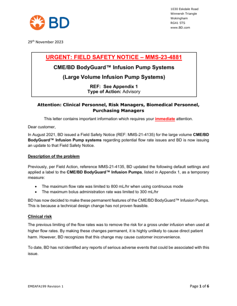 RECALL: CME/BD BodyGuard Infusion Pumps Systems Urgent Field Safety ...