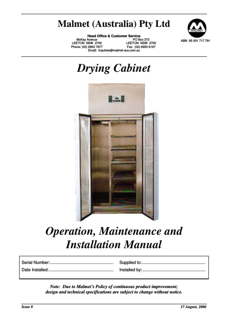 Drying Cabinet Operation and Maintenance Manual Issue 6 Aug 2006 PDF ...