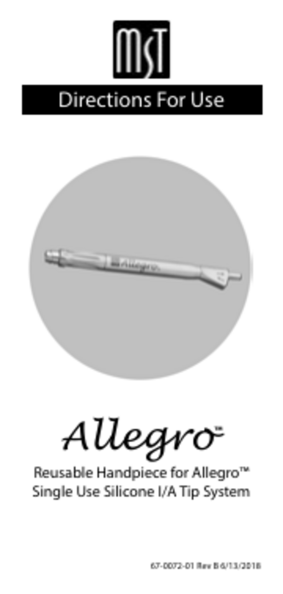 MST Allegro I/A Handpiece Directions for Use PDF download