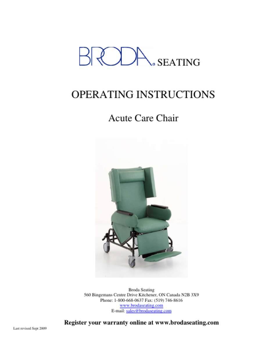 Acute Care Chair Operating Instructions Sept 2009 PDF download