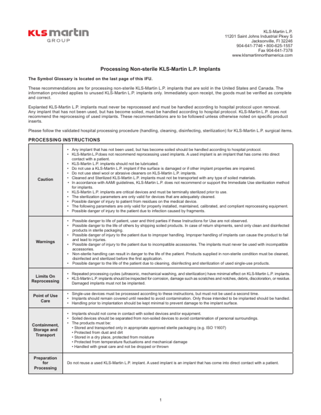 Processing Non-sterile KLS-Martin L.P. Implants Instructions PDF download