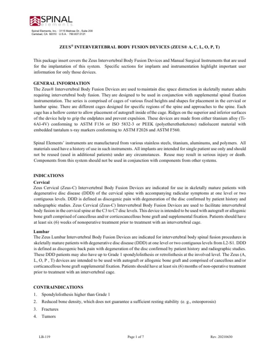 ZEUS INTERVERTEBRAL BODY FUSION DEVICES Instructions for Use PDF download