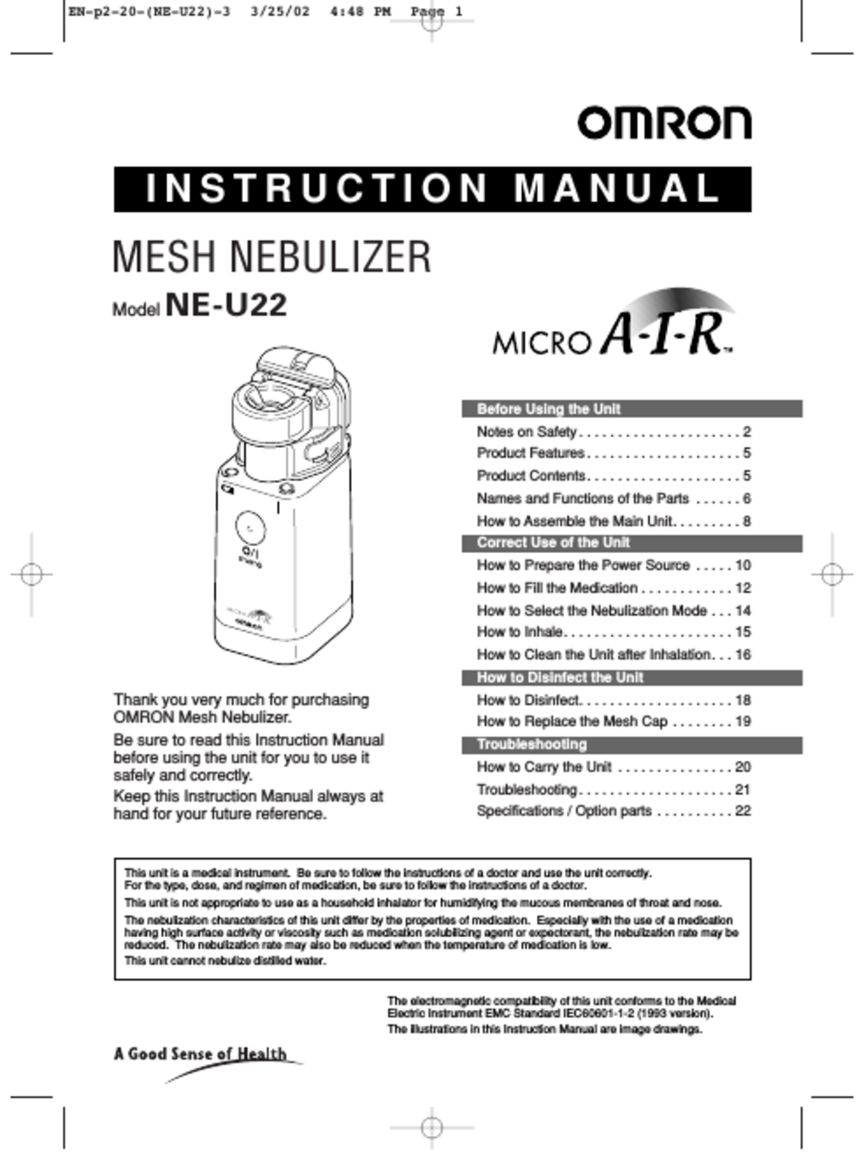 MESH NEBULIZER Model NE-U22 Instruction Manual PDF download