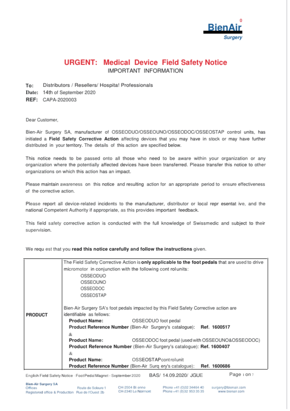 RECALL: OSSEO Control Unit Series Urgent Medical Device Field Safety ...
