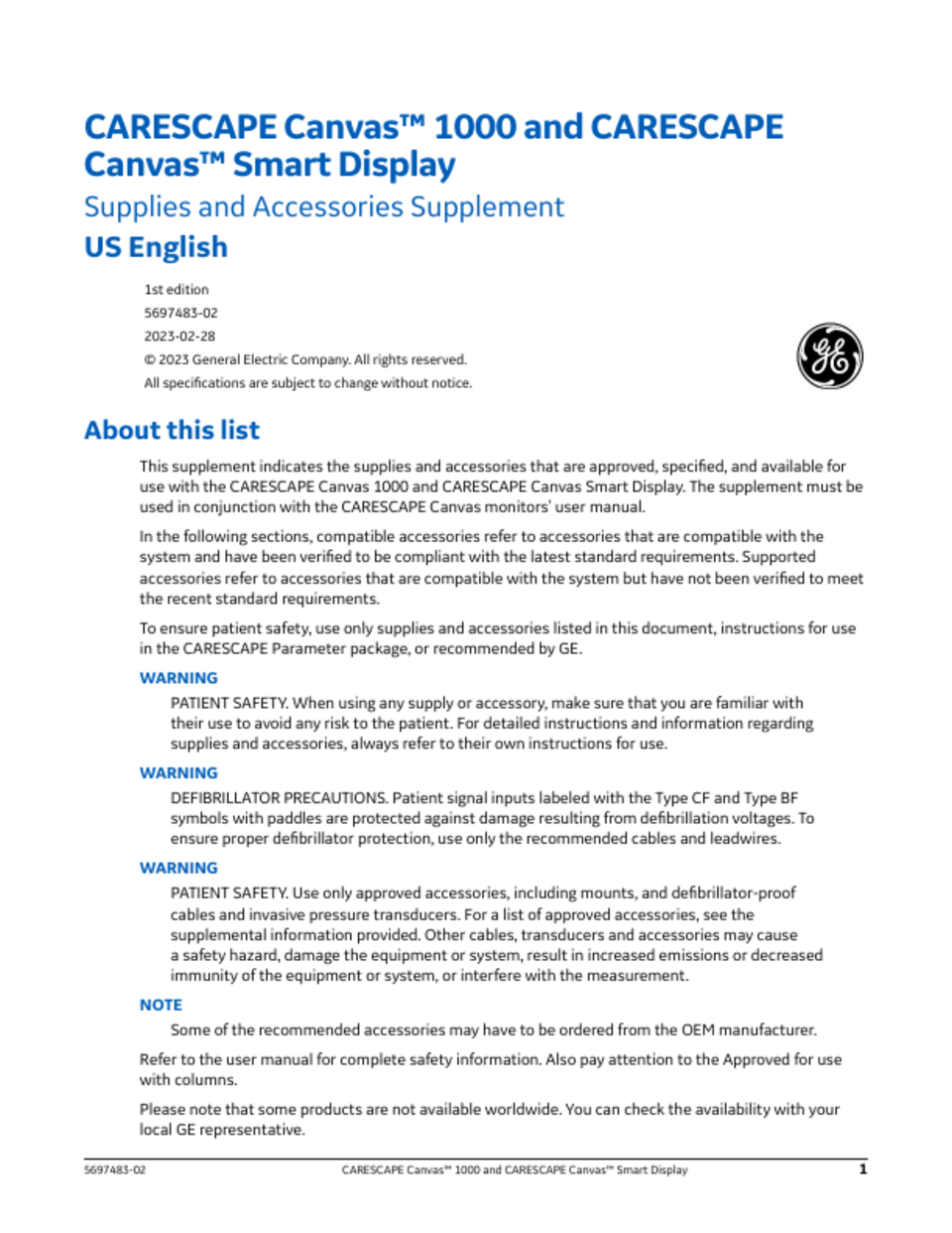 CARESCAPE Canvas 1000 and Canvas Smart Display Supplies and Accessories ...