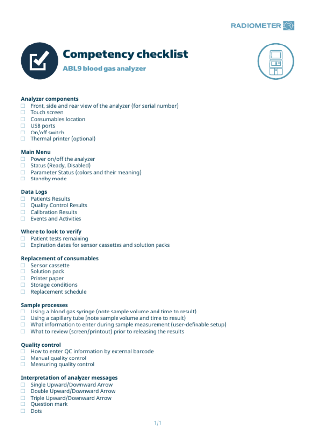 ABL9 Blood Gas Analyzer Competency Checklist PDF download