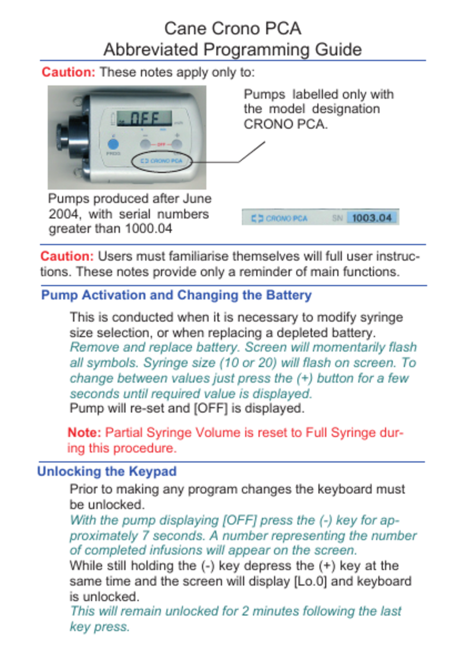 Cane Crono PCA Abbreviated Programming Guide PDF download