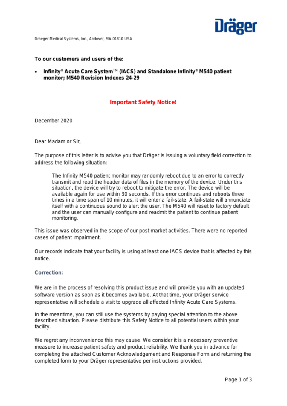 RECALL: Infinity Acute Care System and M540 Patient Monitor Important ...