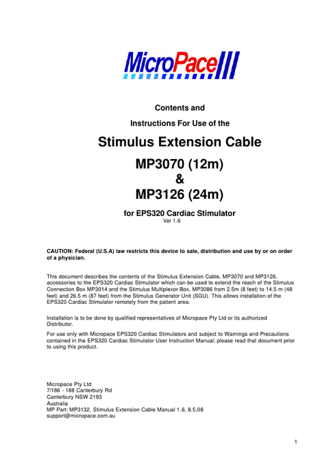 MP3070 & MP3126 Stimulus Extension Cable Manual Ver 1.6 PDF download