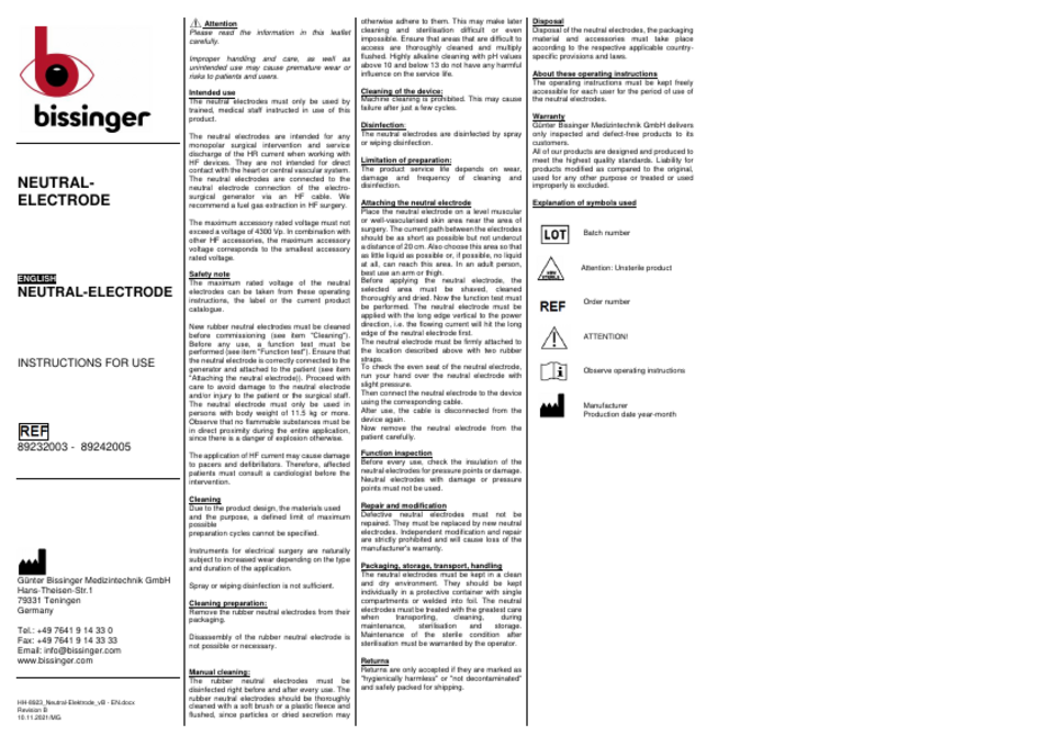 Neutral Electrode Instructions for Use PDF download