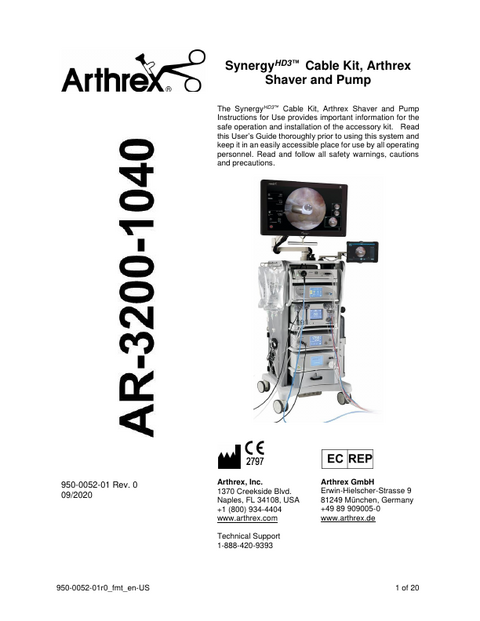 AR-3200-1040 Synergy HD3 Cable Kit , Arthrex Shaver and Pump Users ...