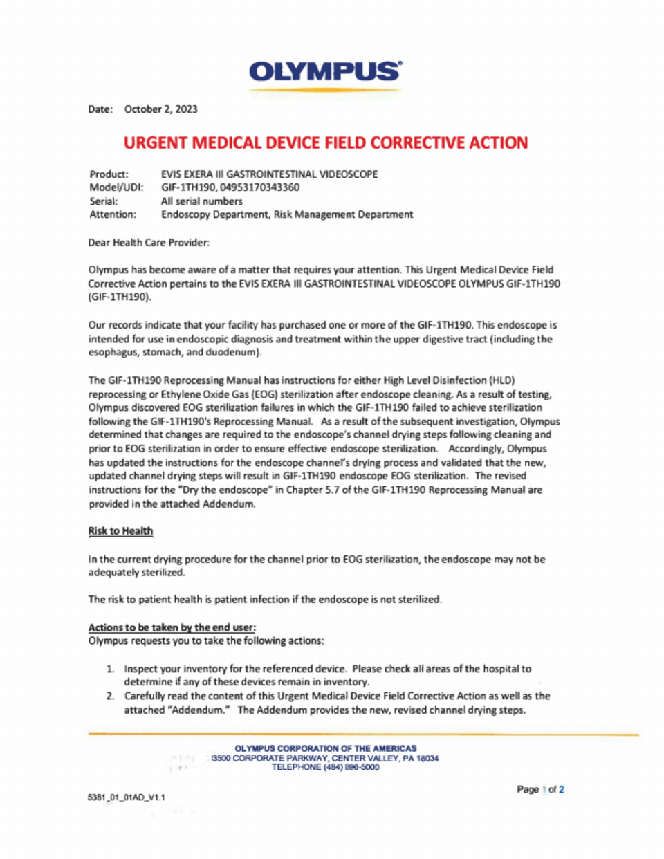 RECALL: GIF-1TH190 Urgent Medical Device Field Corrective Action PDF ...